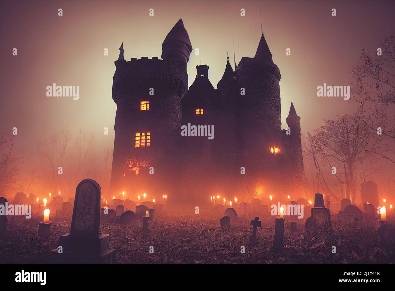 3D illustration Horror Castle Background With Graveyard In Halloween ...