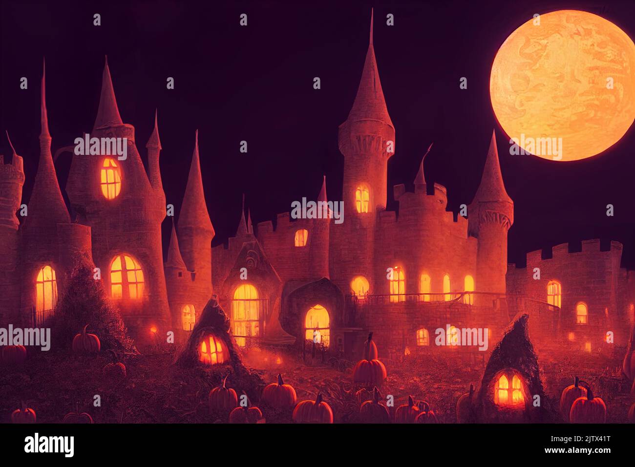3D illustration Horror Castle Background With Graveyard In Halloween ...