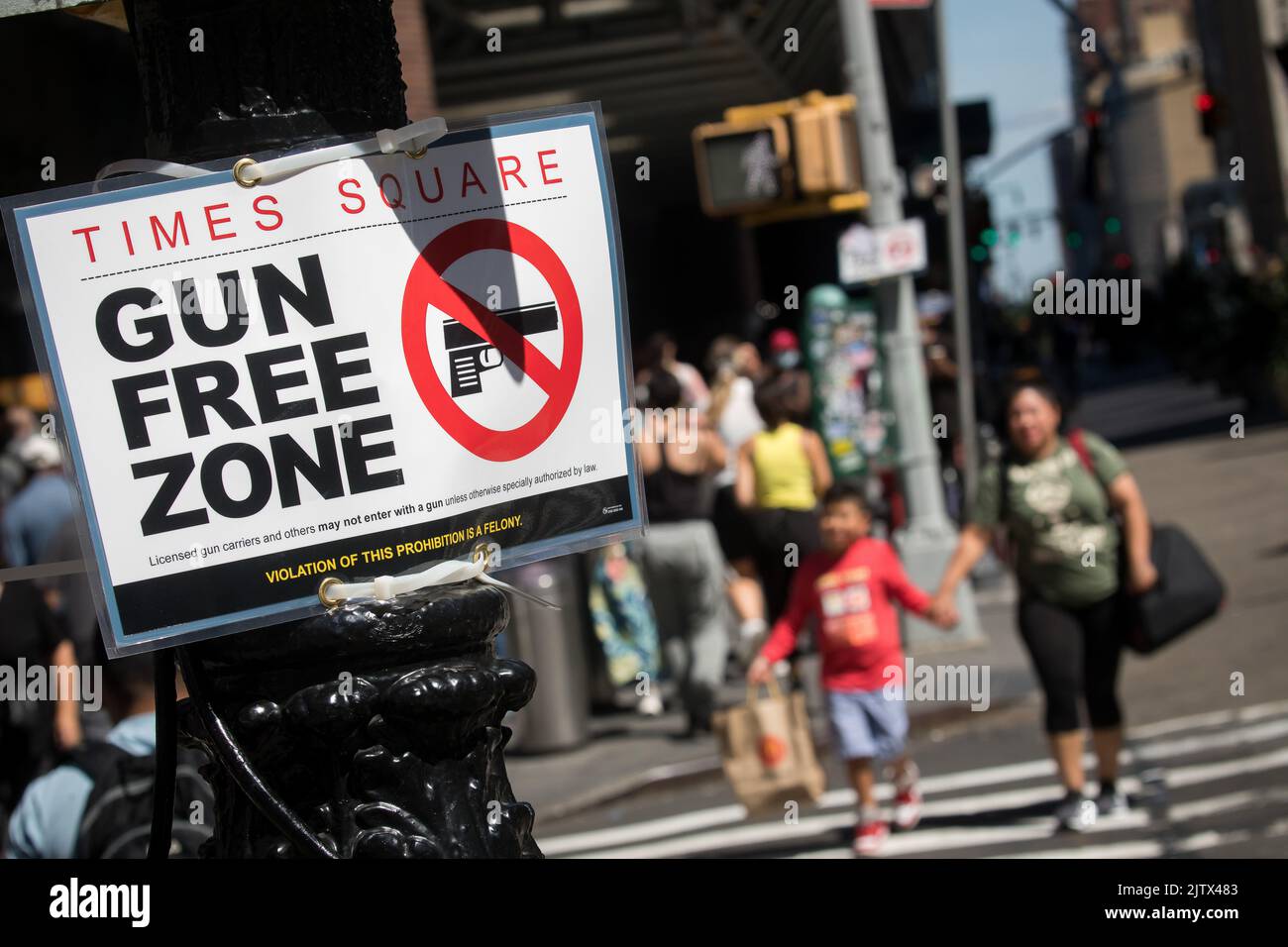 New York, USA. 1st Sep, 2022. A gun-free zone signage is seen near ...