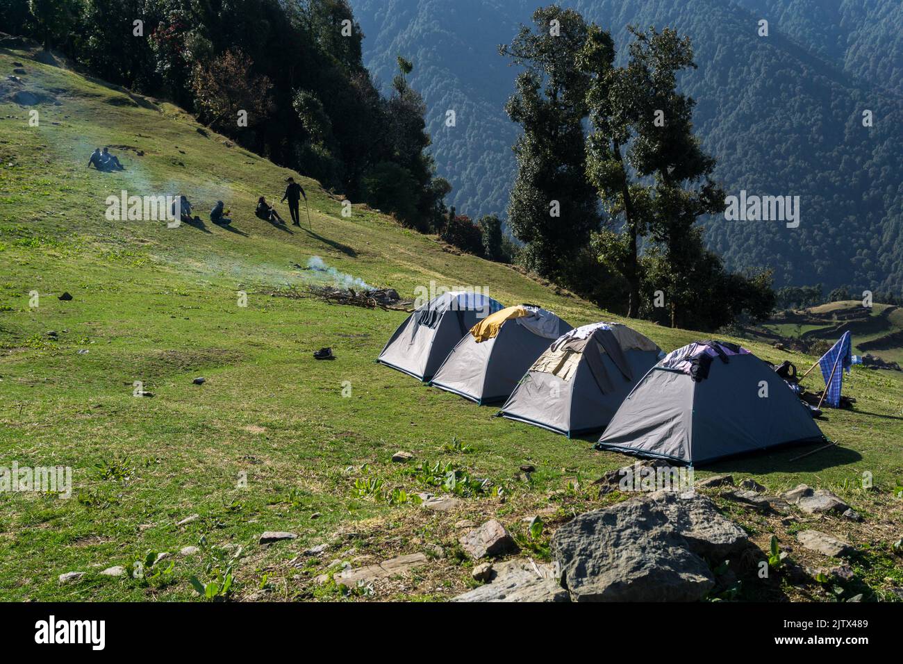 March 13th 2021 Uttarakhand India. Camps in line at the Nag Tibba ...