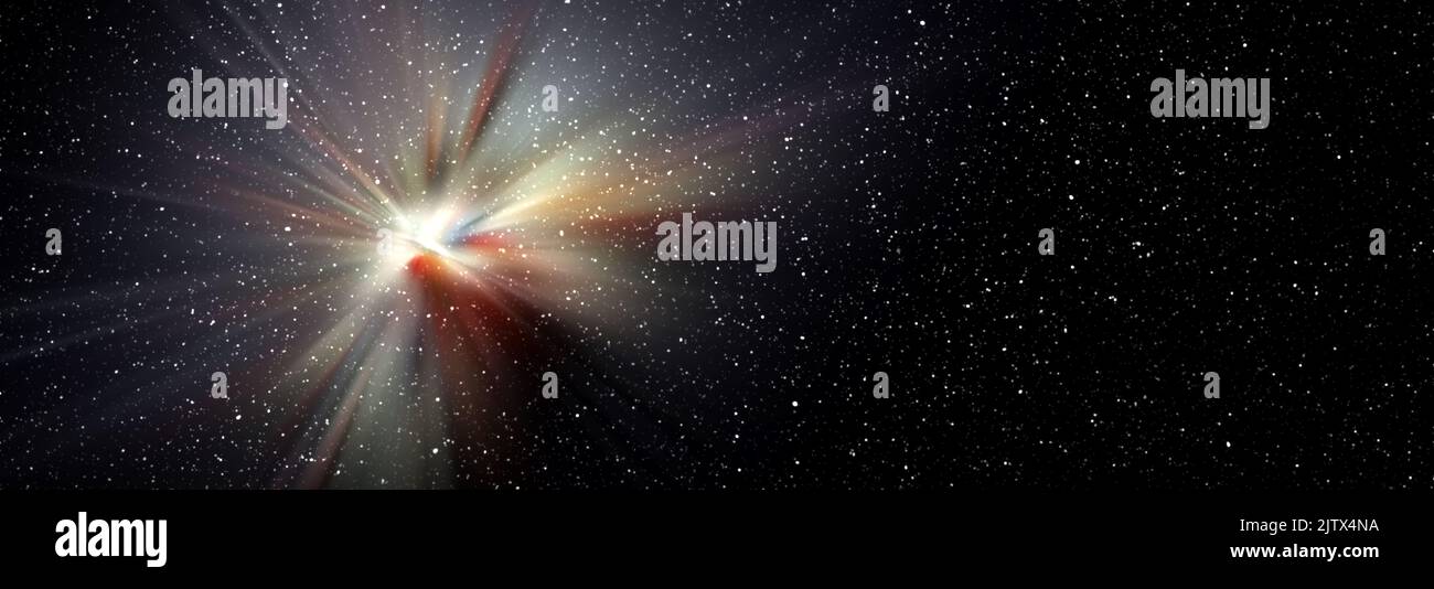 Burst of light in space. Night black starry sky horizontal background ...