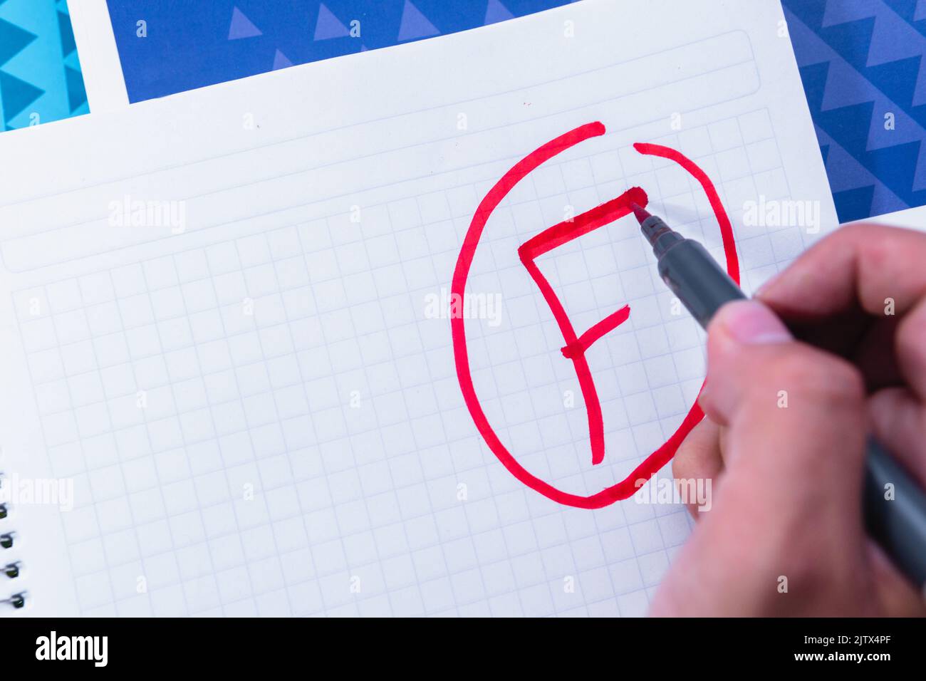 White sheet with a fail grade. Teacher grading a paper with an F. Blank ...