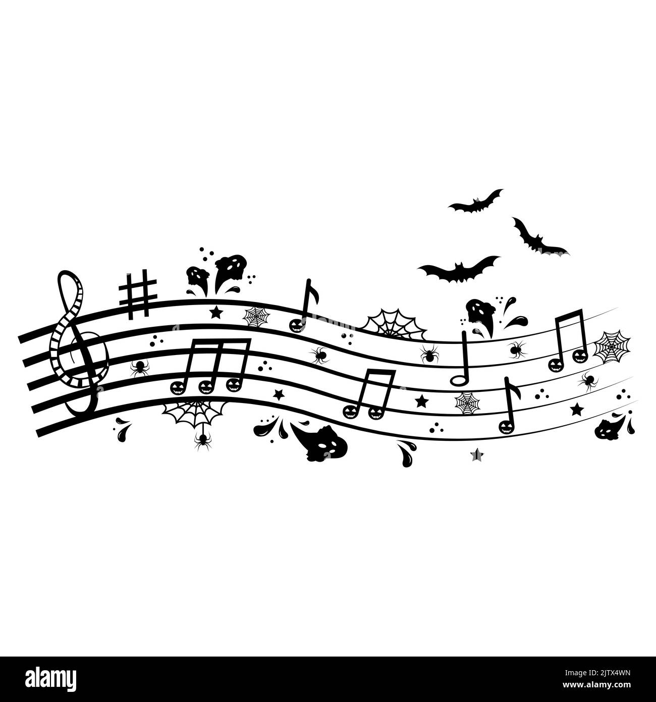 Black spider web with treble clef with pumpkin, bats and notes. Musical ...