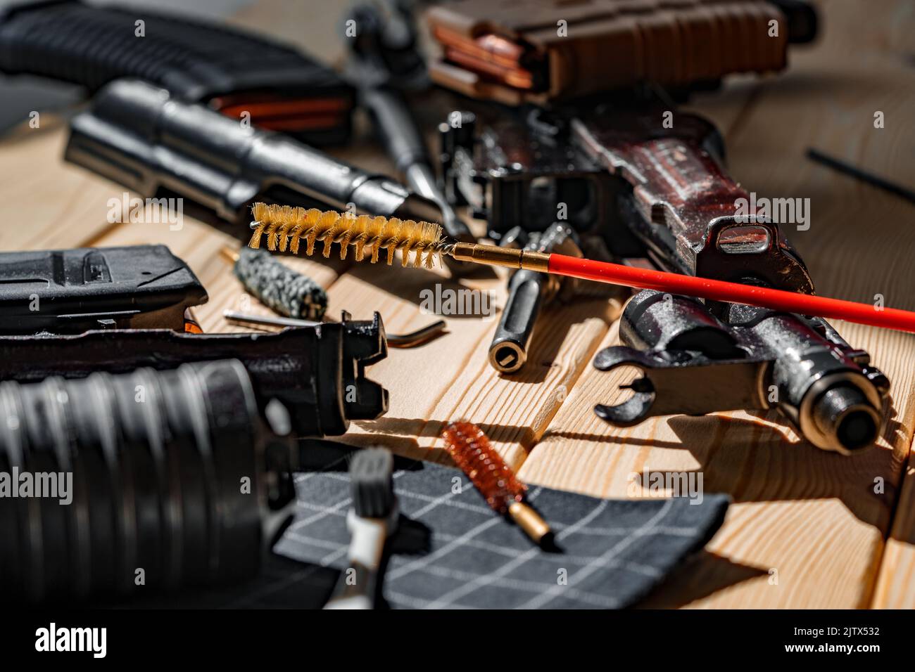 Gunsmith's working table for gun cleaning and maintaining Stock Photo ...
