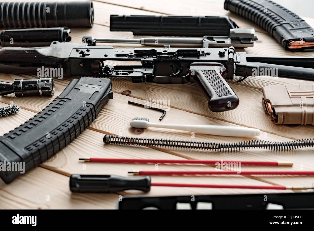 Gunsmith's working table for gun cleaning and maintaining Stock Photo ...
