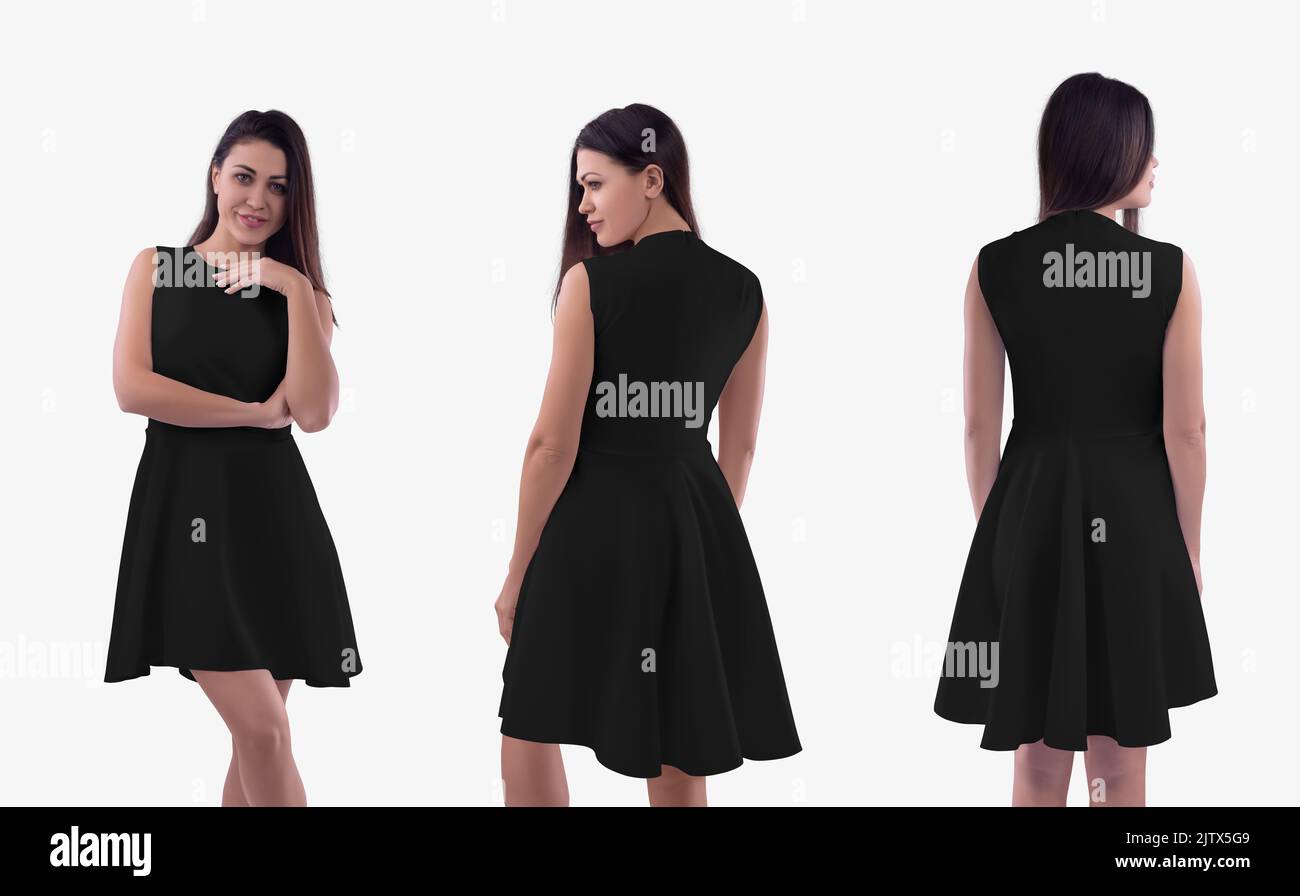 Mockup of a black wave dress on a beautiful girl, close-up, front, back ...