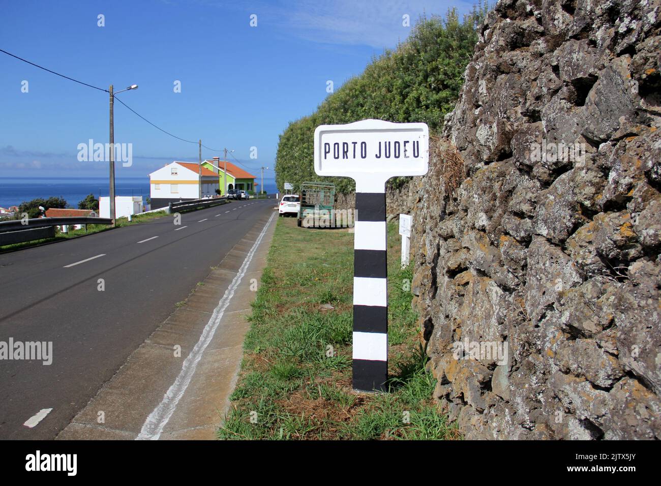 Road sign at the entrance to the town, Porto Judeu, Terceira, Azores ...