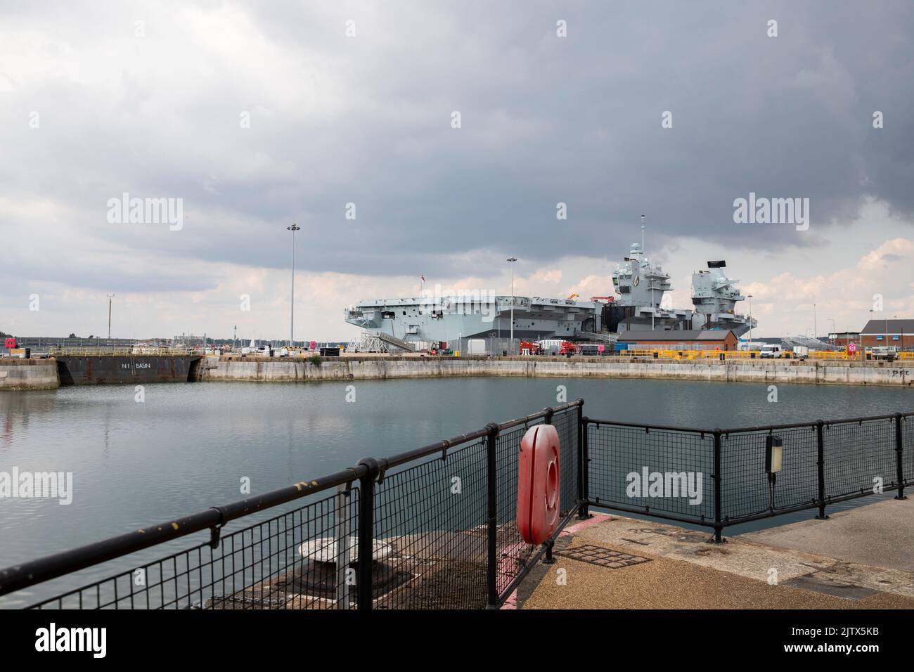 Royal Navy warship HMS Queen Elizabeth (R08) in dock at Portsmouth ...