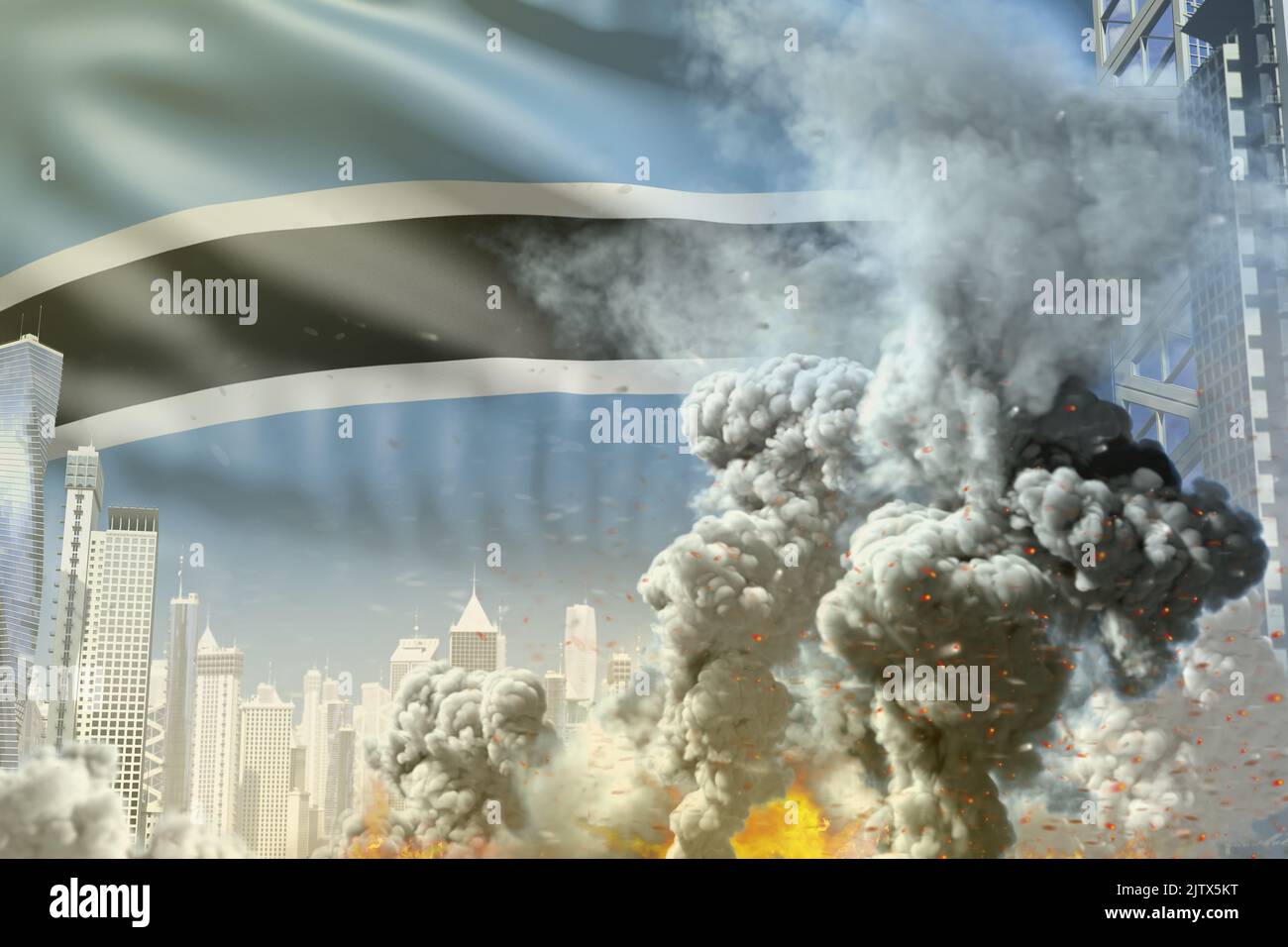 large smoke column with fire in the modern city - concept of industrial ...