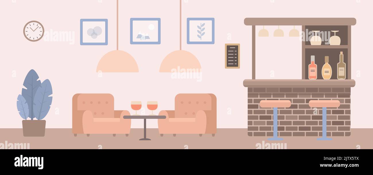 Bar counter, two soft cozy armchairs and coffee table with alcohol ...