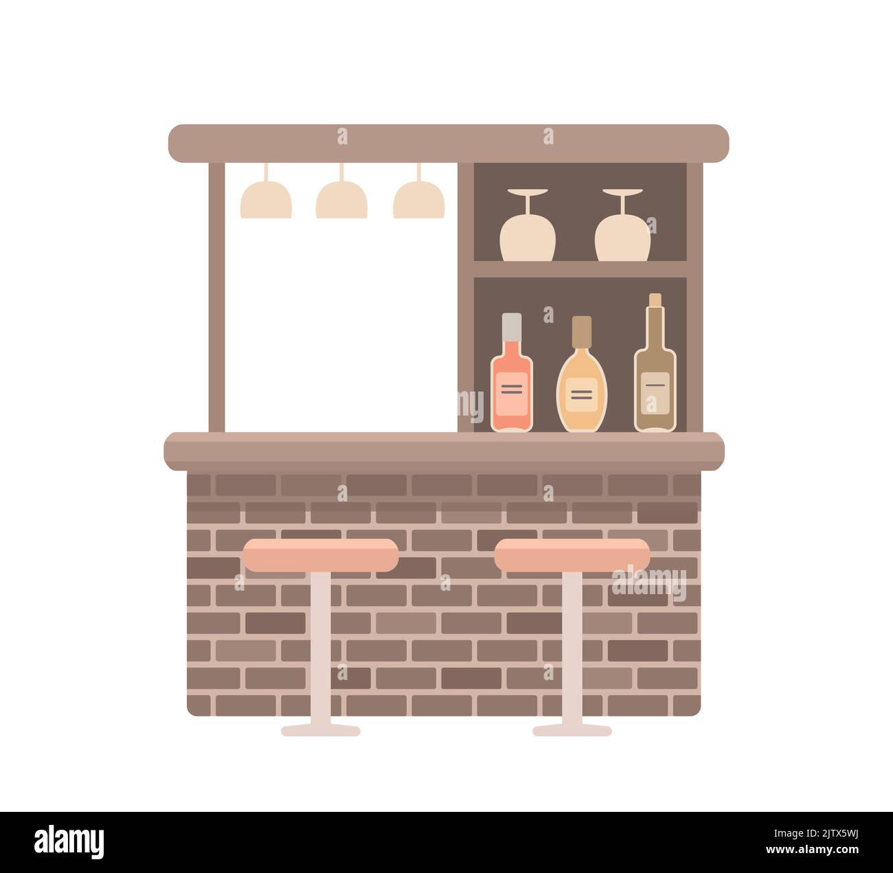 Bar counter with bottles of alcohol on white background. Interior ...