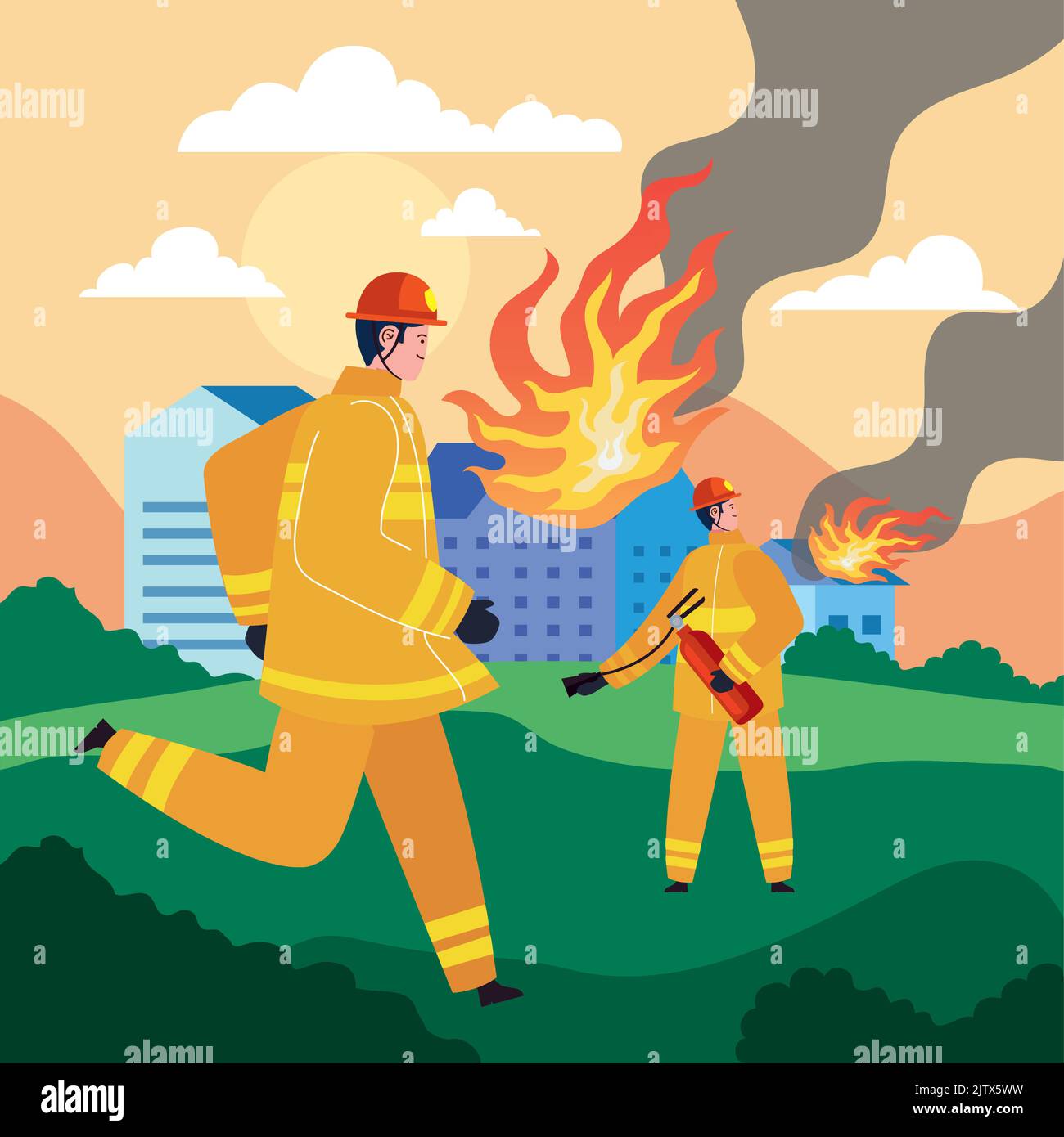 two firefighters with extinguisher Stock Vector Image & Art - Alamy