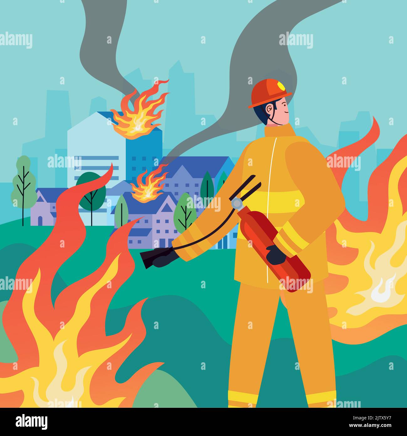 fireman putting out fire with extinguisher Stock Vector Image & Art - Alamy