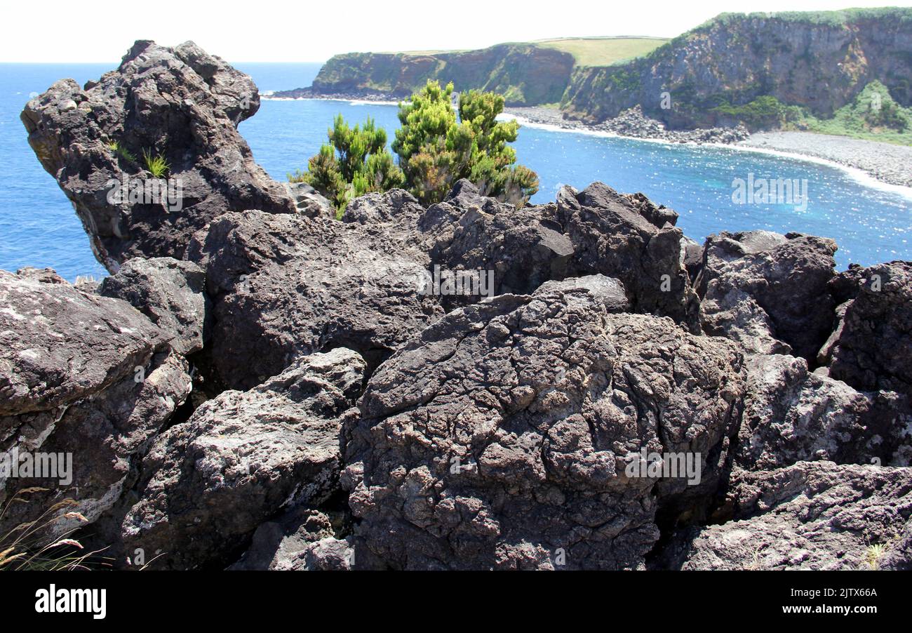 Volcanic lava-formed coastal cliffs at Alagoa Viewpoint, northern coast ...
