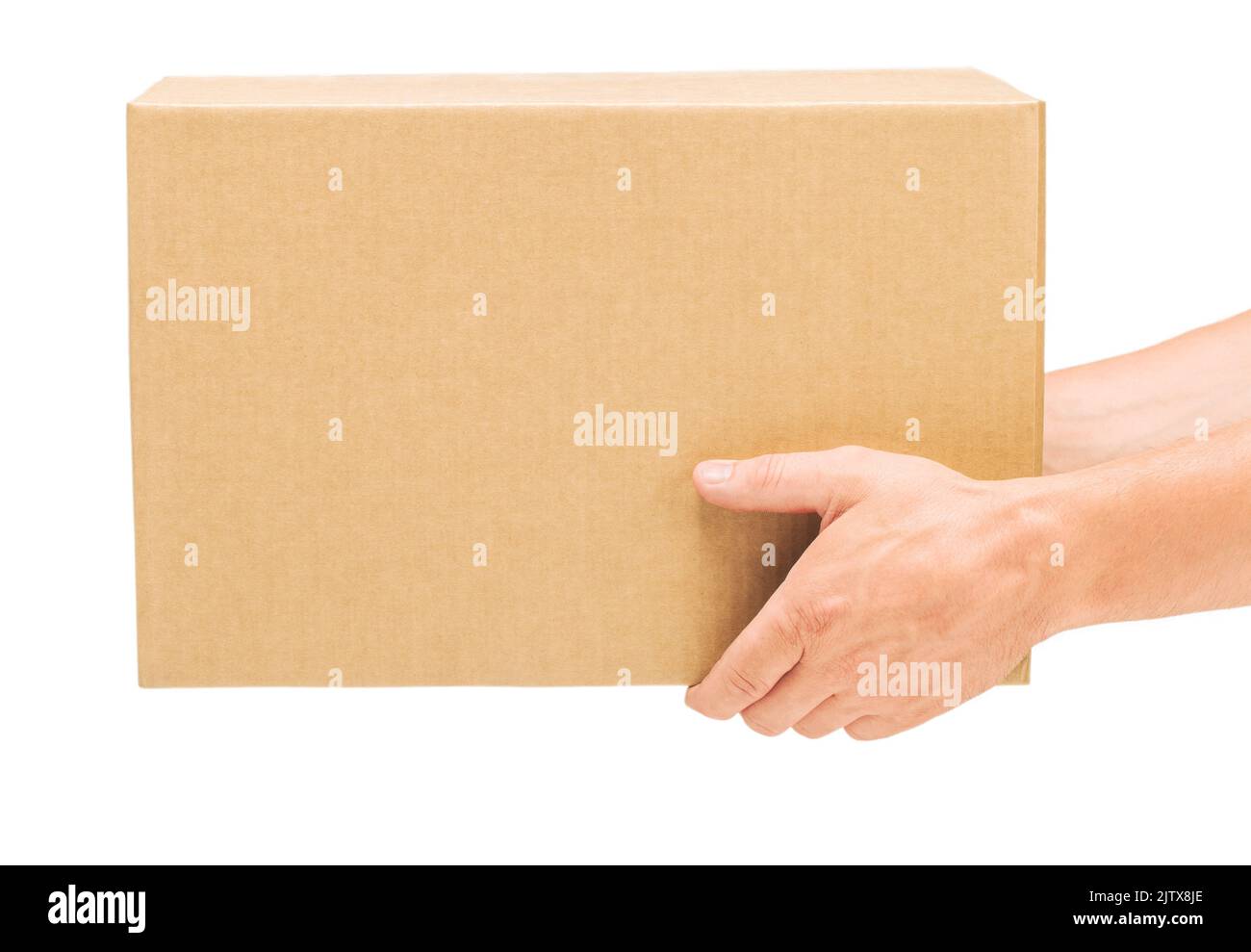 Corrugated cardboard box in male hands on an isolated white background ...