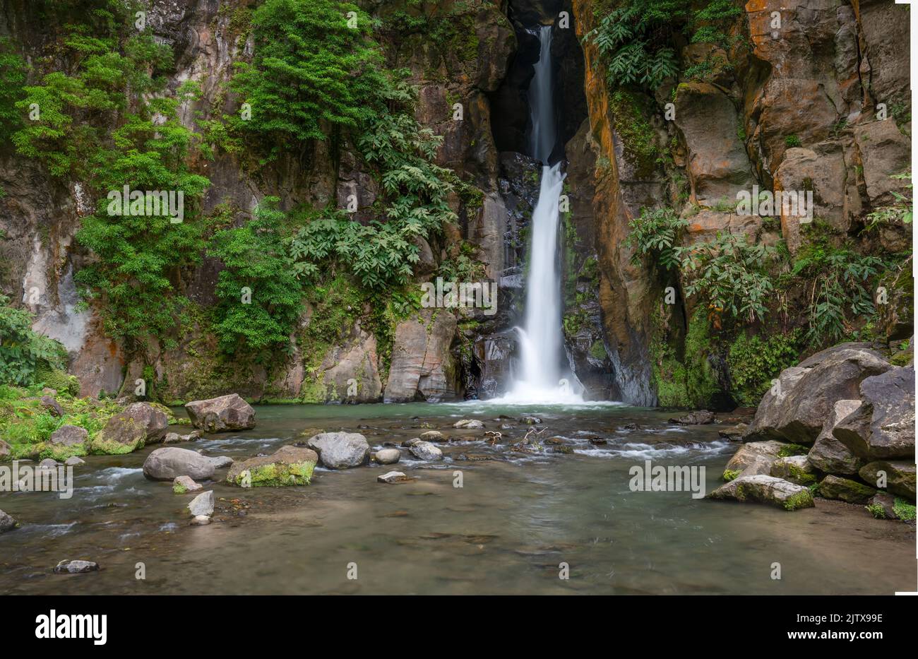 Double waterfall on the island of Sao Miguel, Azores Stock Photo - Alamy