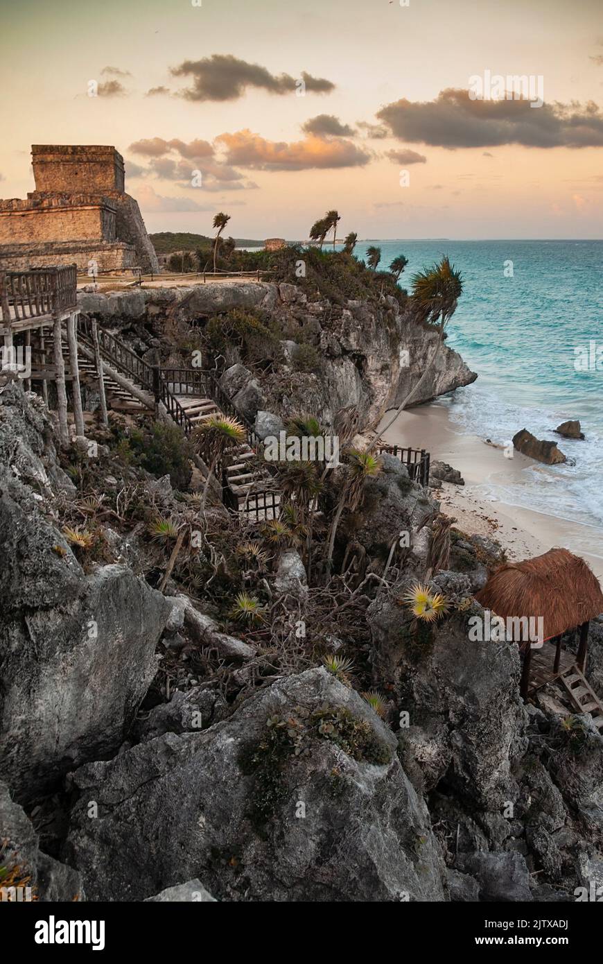 Vertical view of the ruins near the sea of the mayan ancient city of ...