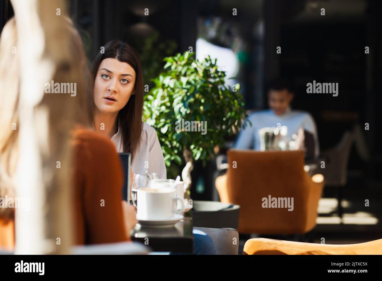 Two young business women in a cafe having one on one meeting. Friends ...