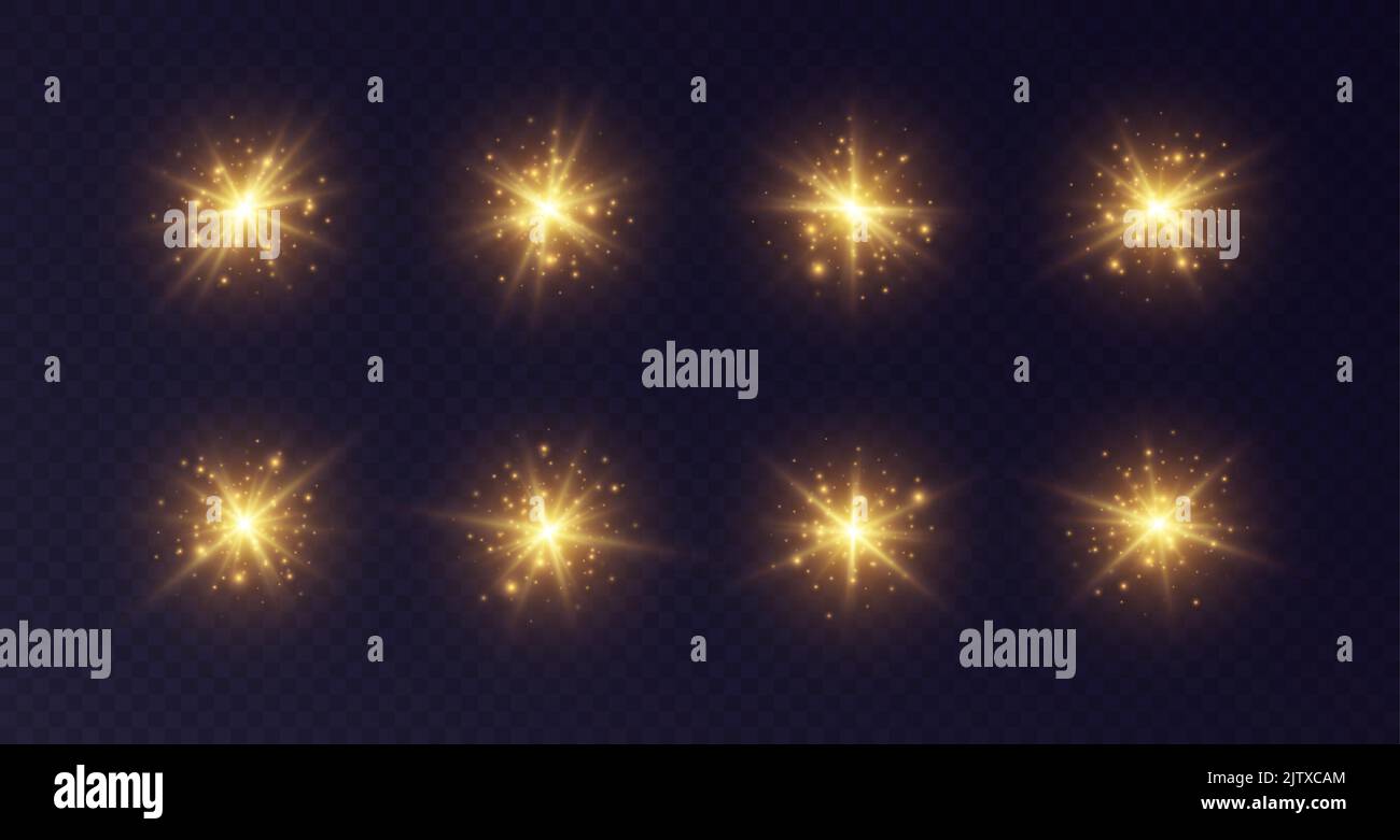Shining sun flares with stars and sparkles. Golden lens flare, stardust, shining star with rays ...