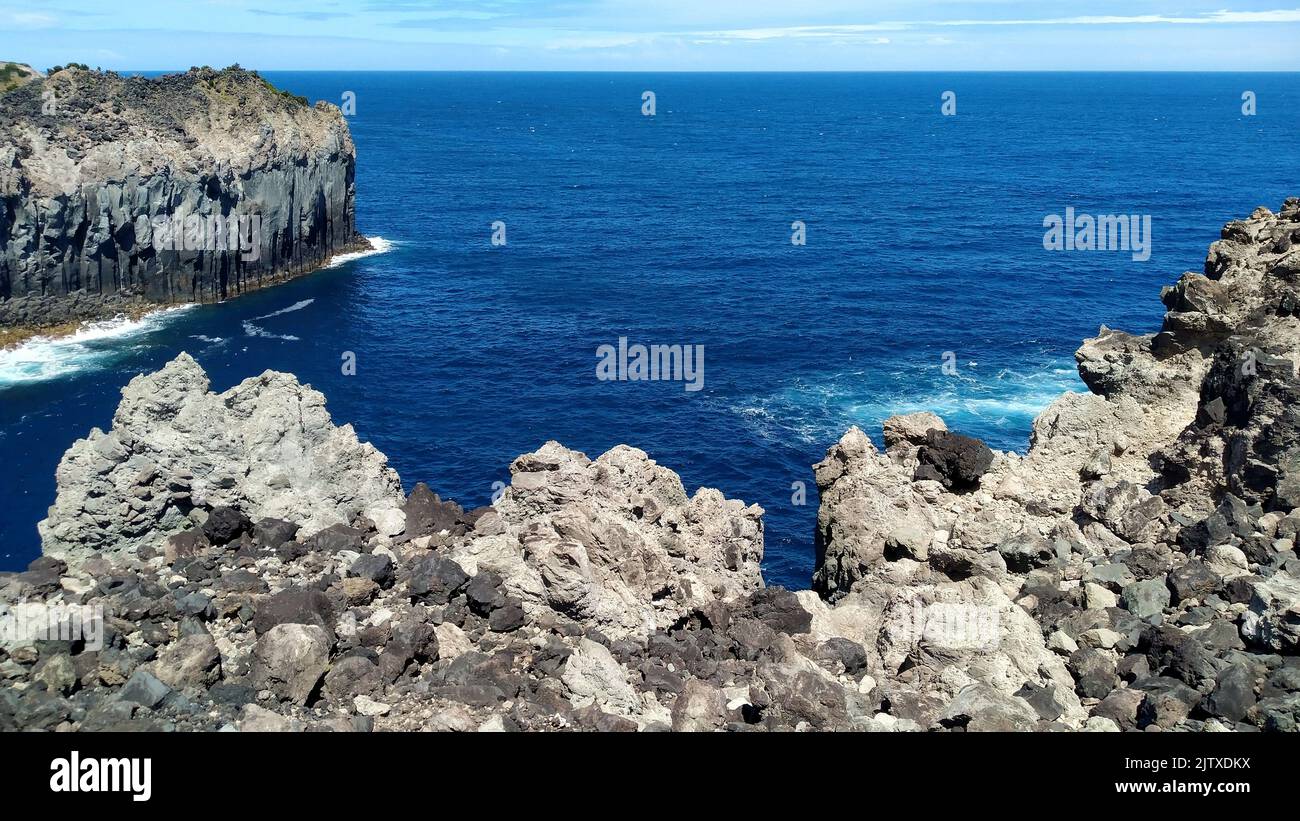 Volcanic lava-formed coastal cliffs at Alagoa Viewpoint, northern coast ...