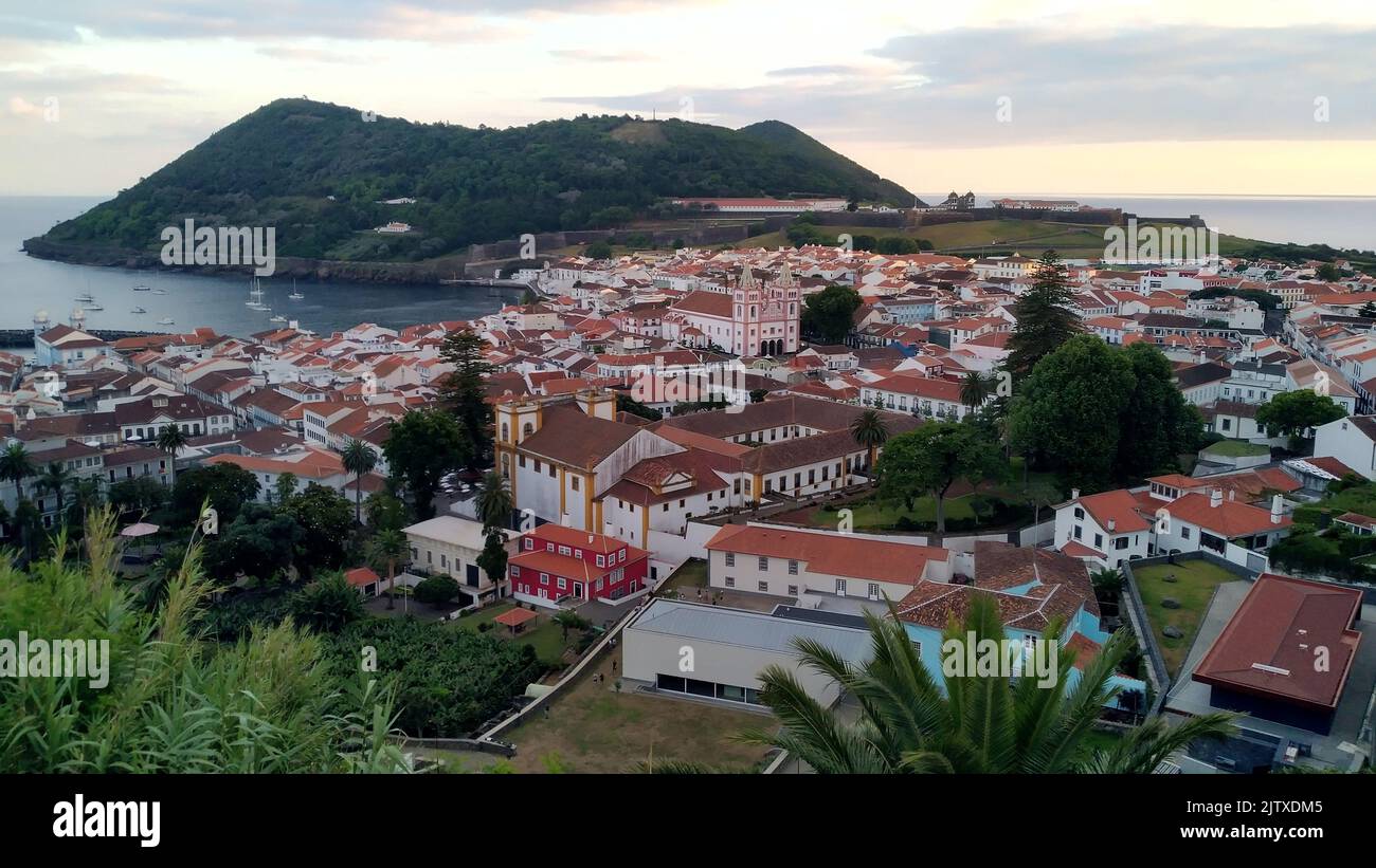 Central part of Angra do Heroismo, Mount Brazil in the background, view ...