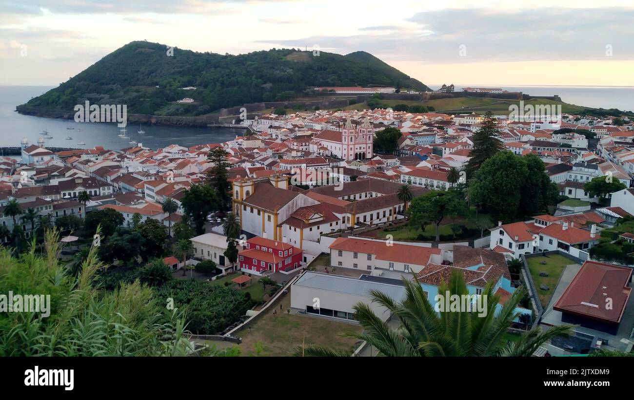 Central part of Angra do Heroismo, Mount Brazil in the background, view ...