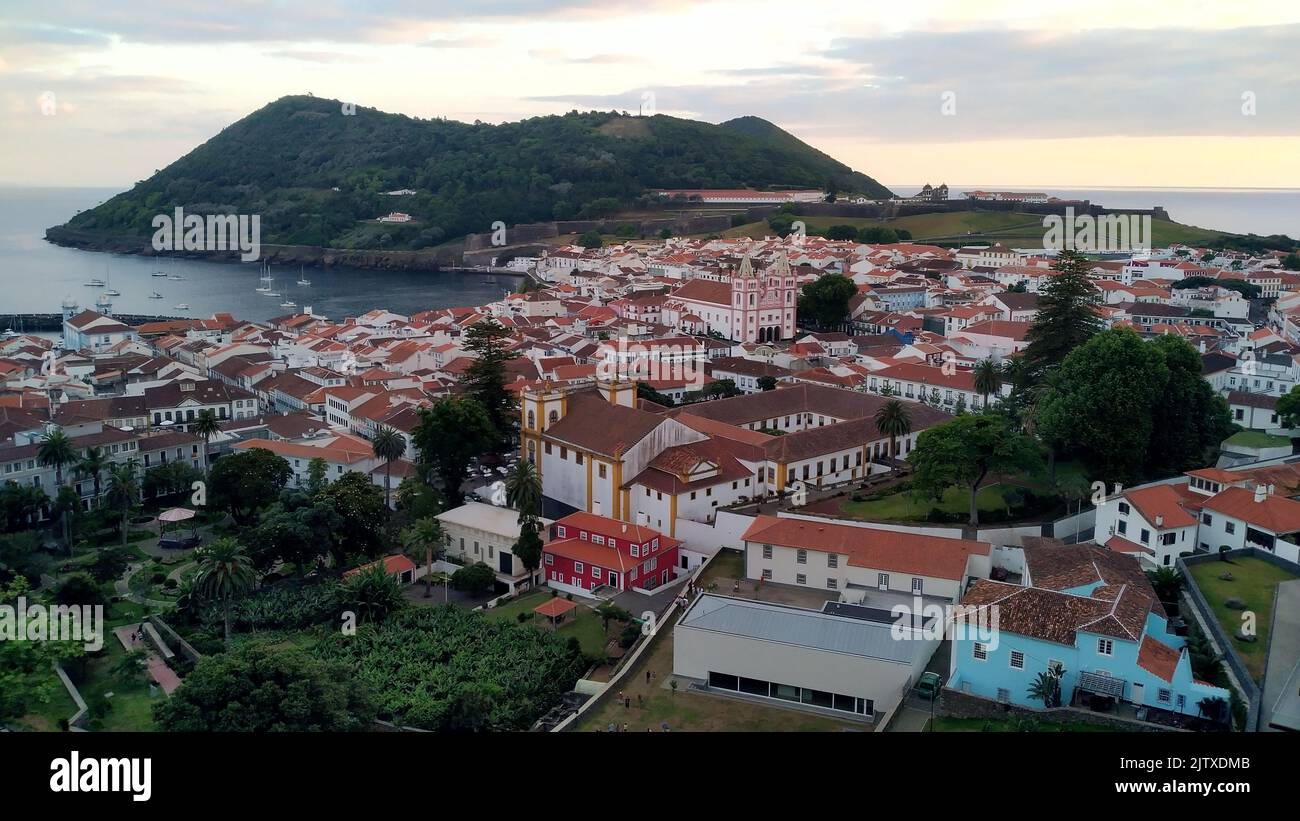 Central part of Angra do Heroismo, Mount Brazil in the background, view ...