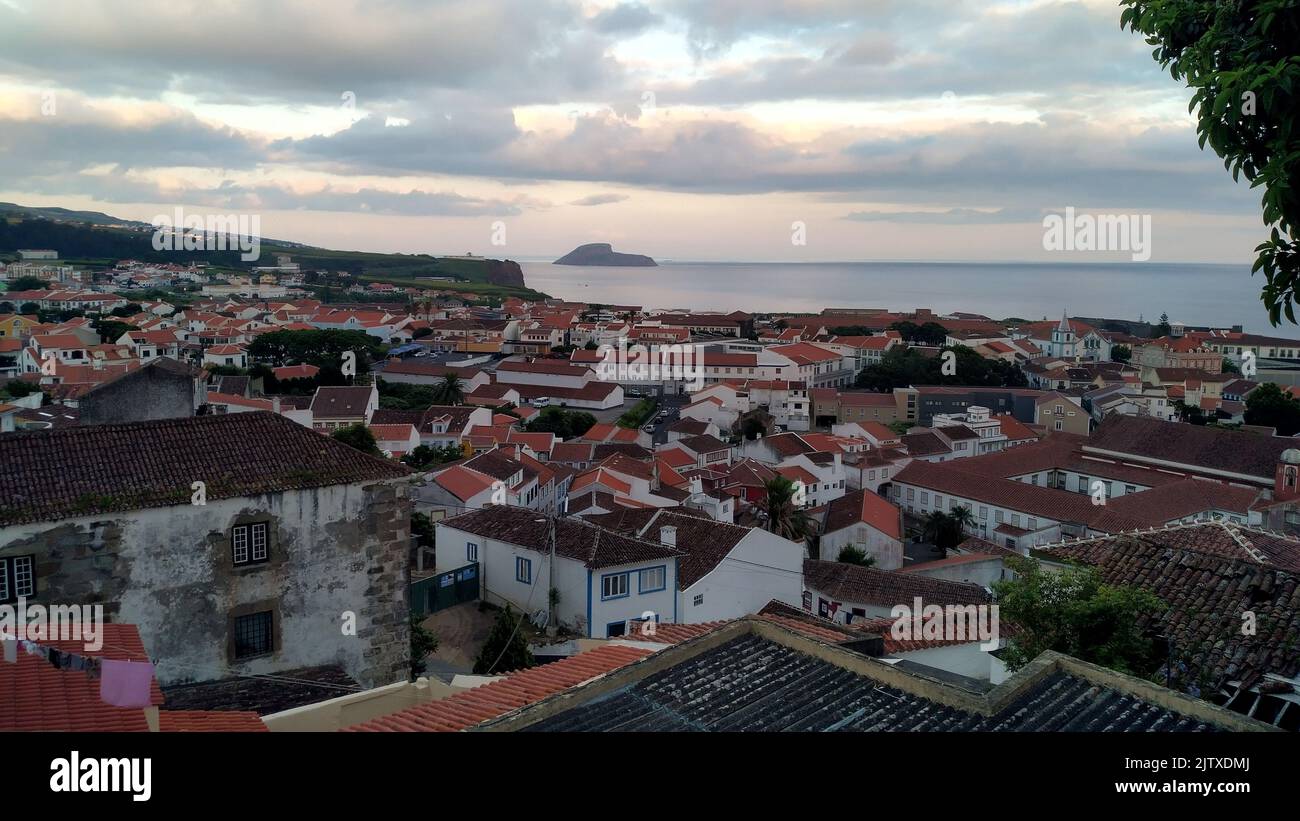 Eastern part of Angra do Heroismo, Cabras islets on the horizon in the ...