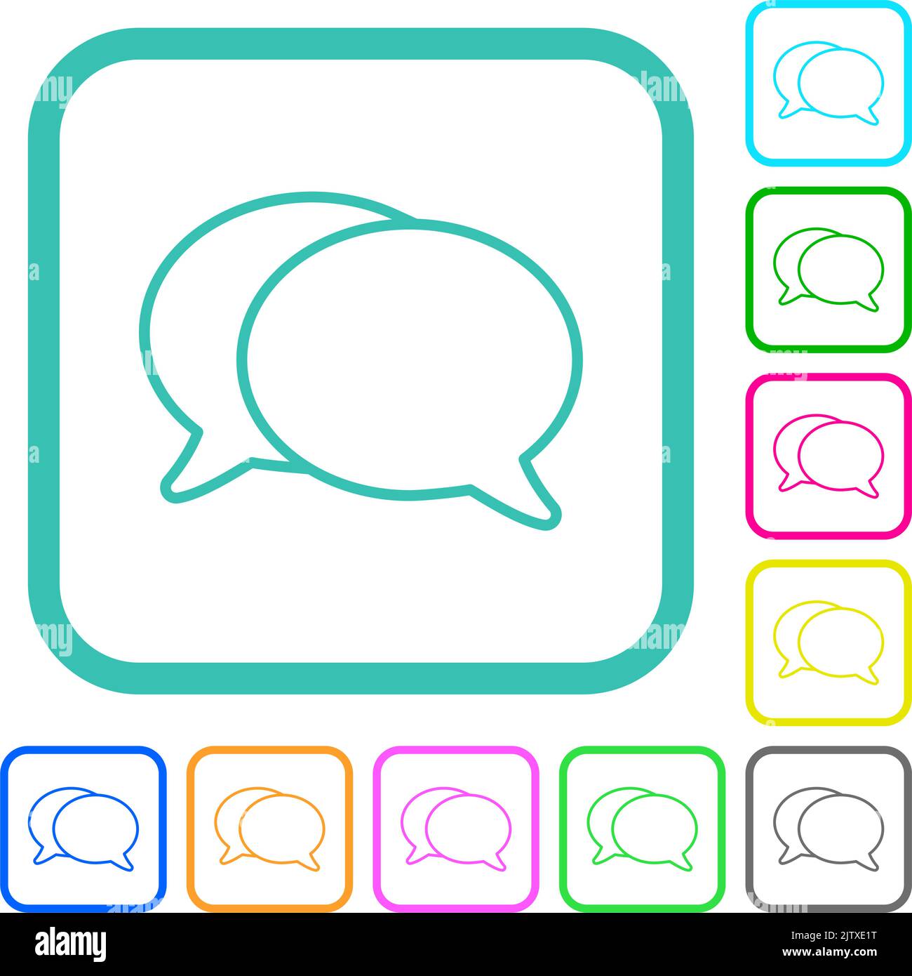 Two oval chat bubbles outline vivid colored flat icons in curved ...