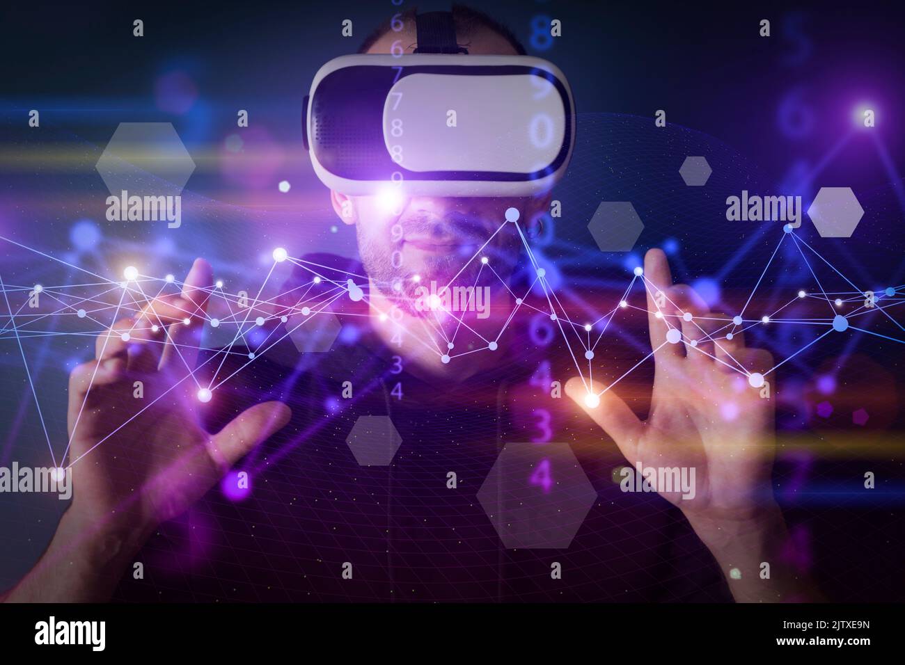 VR technology digital background. Man uses virtual reality glasses and ...