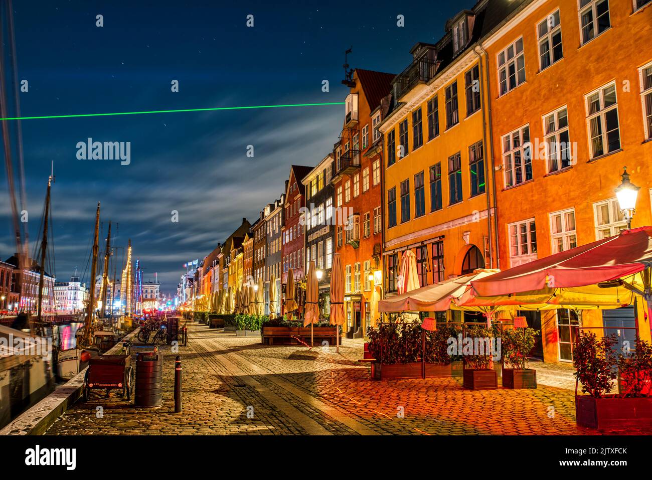 Nyhavn at night during Covid 19 pandemic. Pubs and bars are closed, the ...