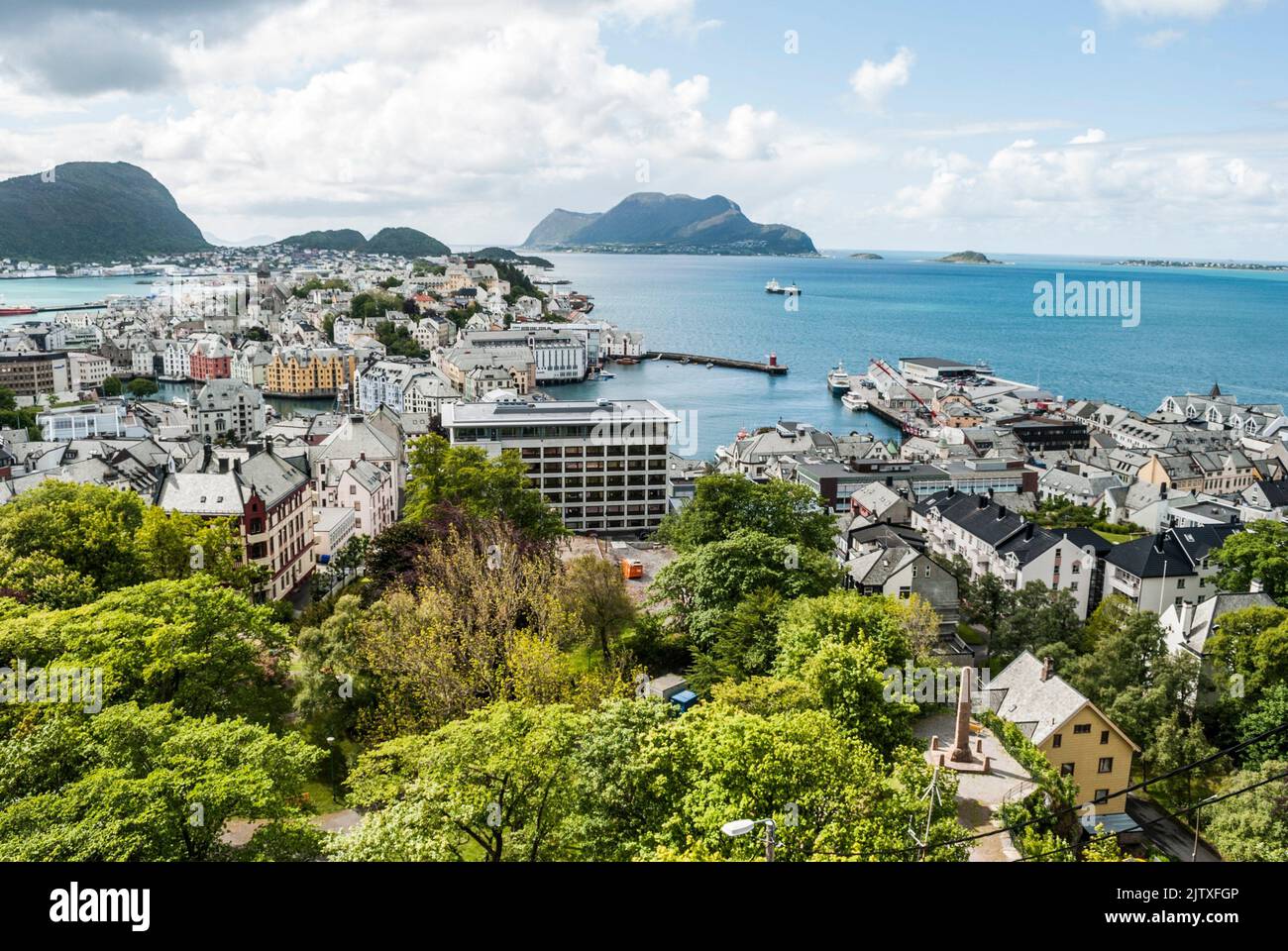 Panorama of Alesund, the archipelago, and Sunnmøre Alps from Mount ...