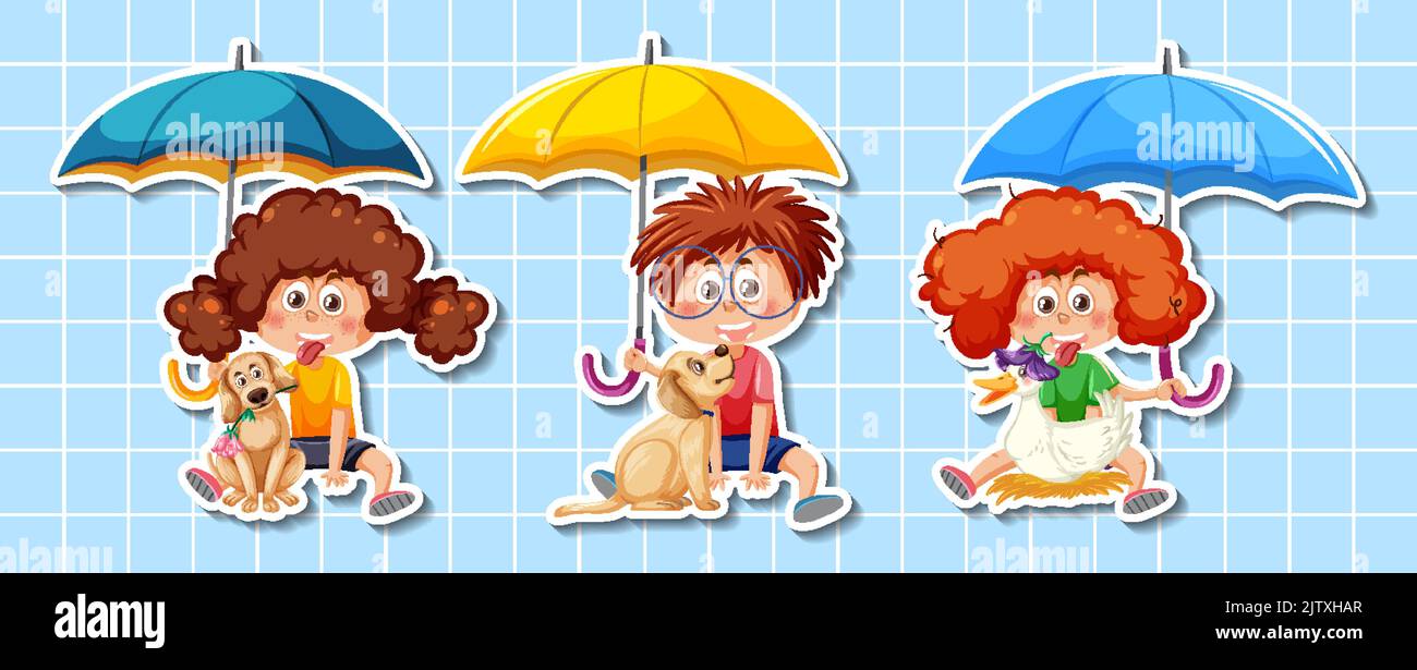 Set of cartoon character holding umbrella illustration Stock Vector ...