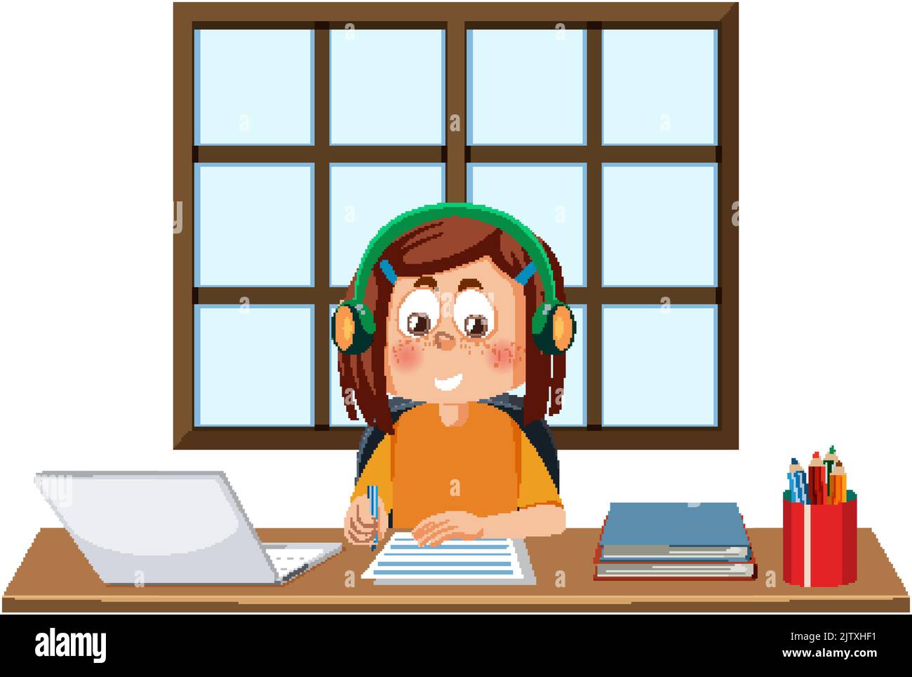 A girl sitting in front of computer illustration Stock Vector Image ...