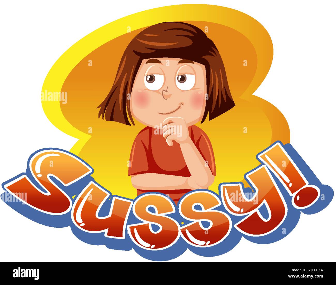 Sussy text word banner comic style with cartoon character expression ...