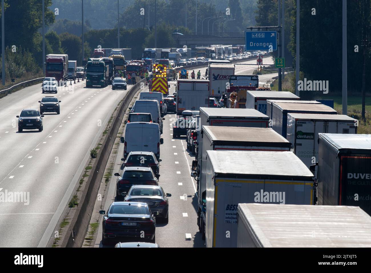 Drongen, Belgium. 02nd Sep, 2022. Illustration picture shows traffic congestion with lots of ...