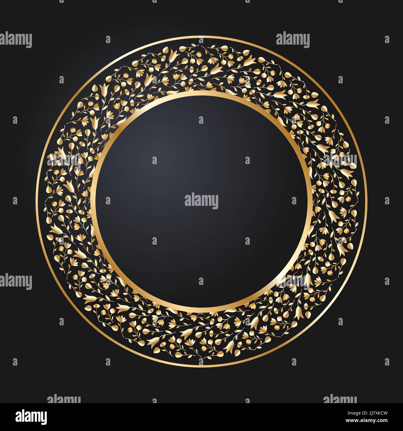 Floral gold border. Round golden frame with wild flowers and tulips ...