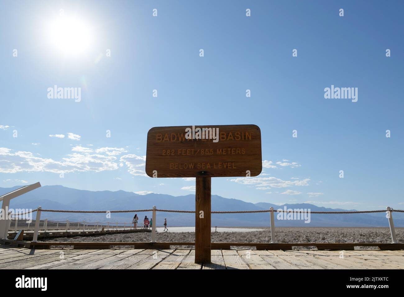 A 282 feet and 855m below Sea Level elevation sign at Badwater Basin ...