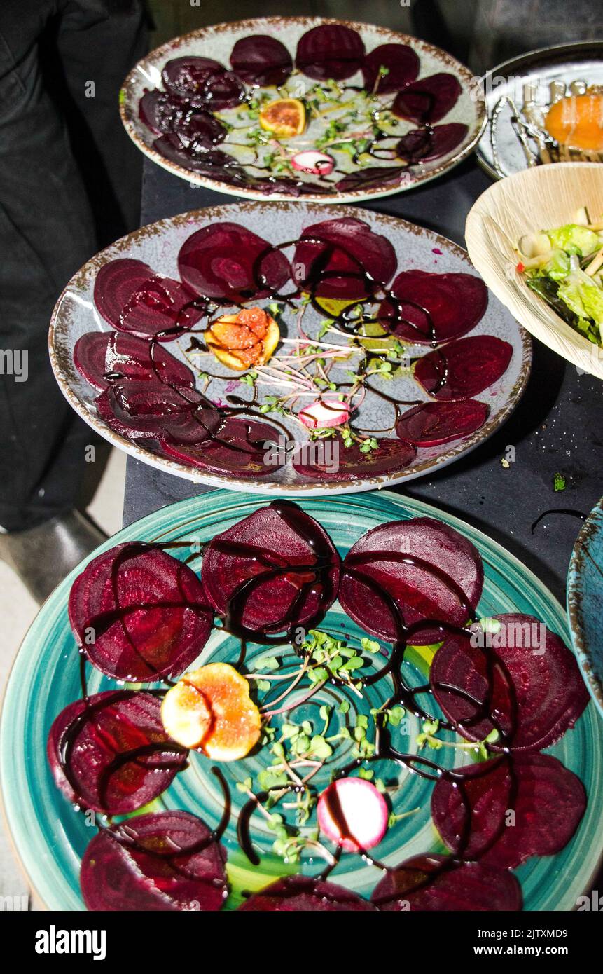 Vegan food plates on display at a formal, festive and fancy, Vegetarian ...