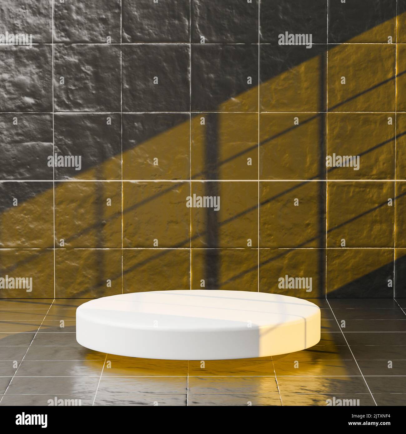 Flying cylinder stand against ceramic gray tile wall with yellow light ...
