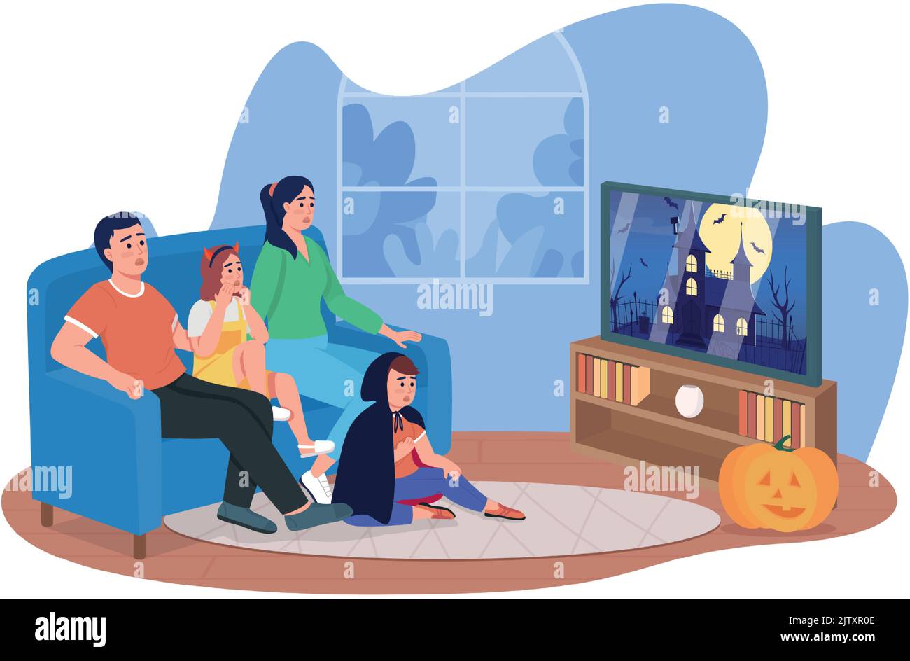 Family watching horror movie 2D vector isolated illustration Stock ...