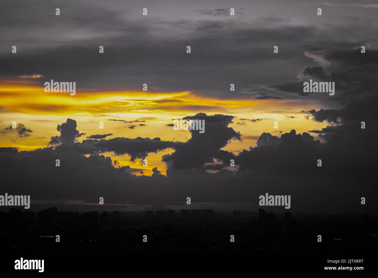 Aerial view of Gorgeous of sunset on the orange sky over large ...