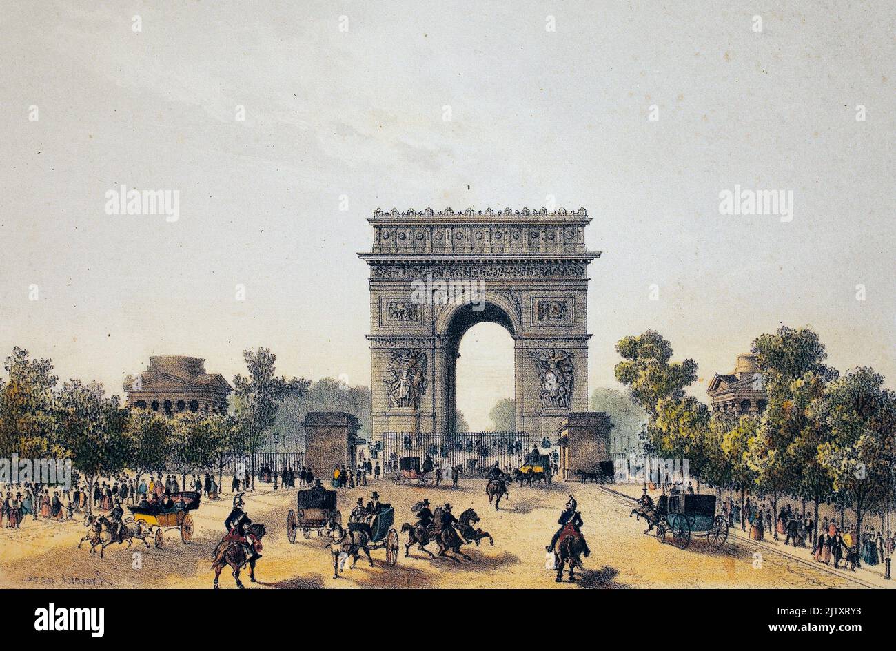 Arc de triomphe de l'Etoile, Paris. Lithographie aquarellee ...