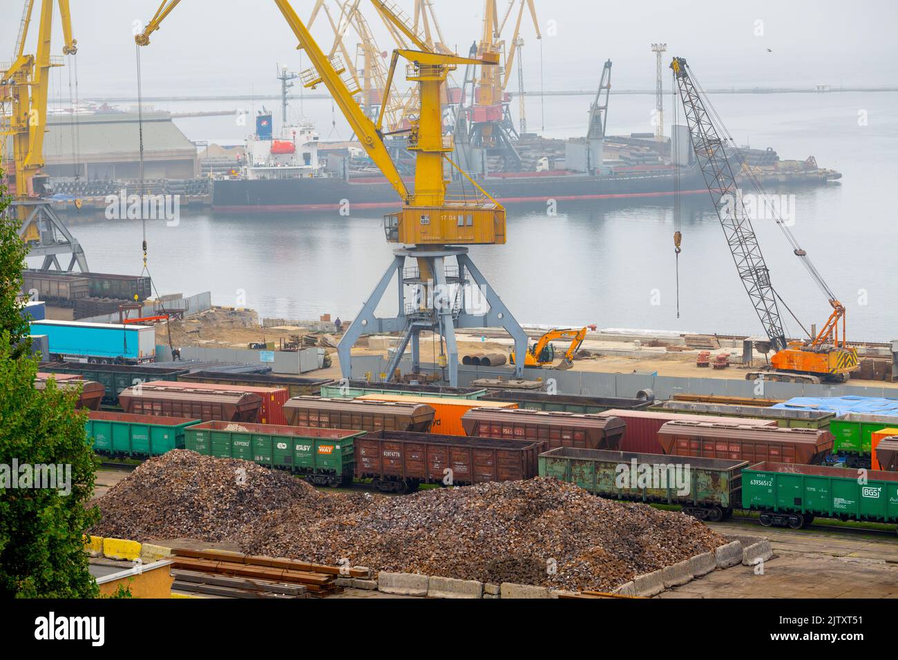Odesa, Ukraine - OCT 22 2019: Autumn fog in the sea cargo port. Level ...