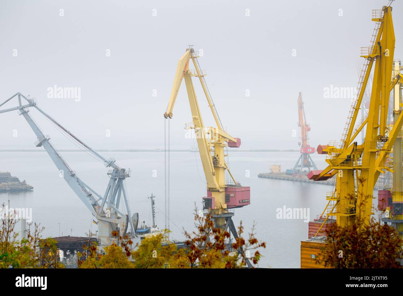 Odesa, Ukraine - OCT 22 2019: Autumn fog in the sea cargo port. Level ...