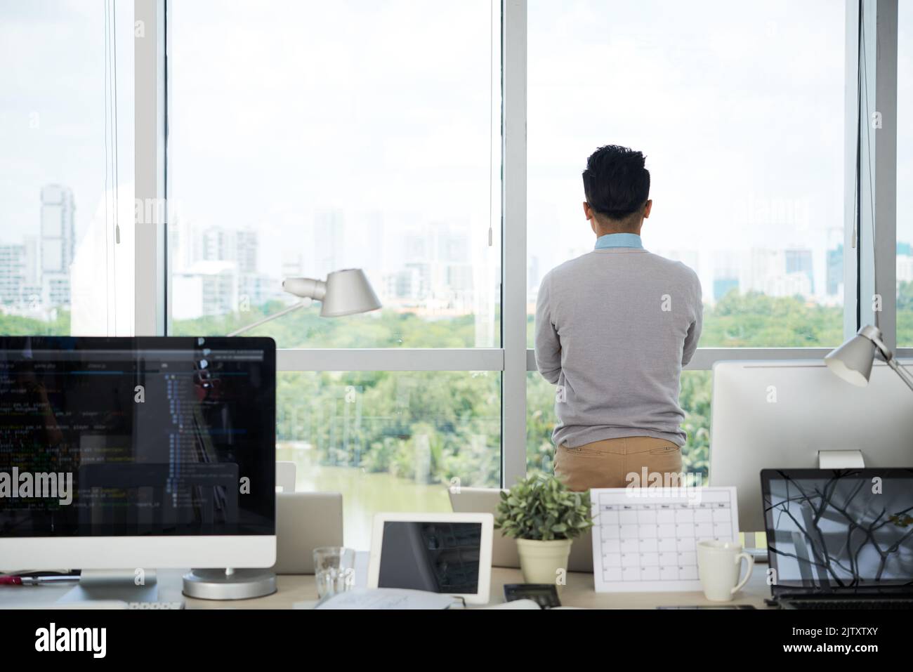 Rear view of businessman standing in front of the office window Stock ...