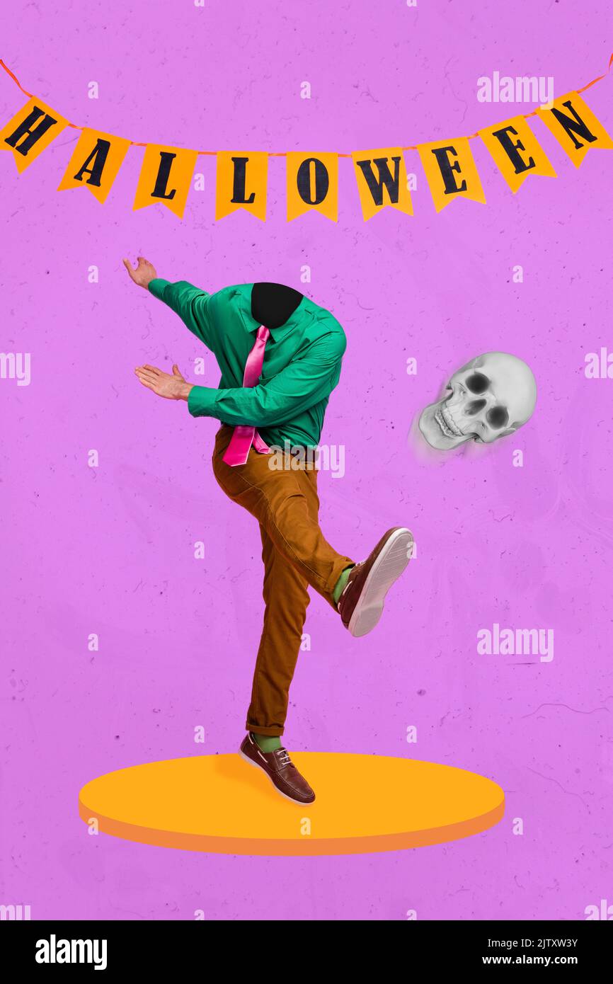 Vertical collage image of crazy headless guy leg kick skull halloween ...