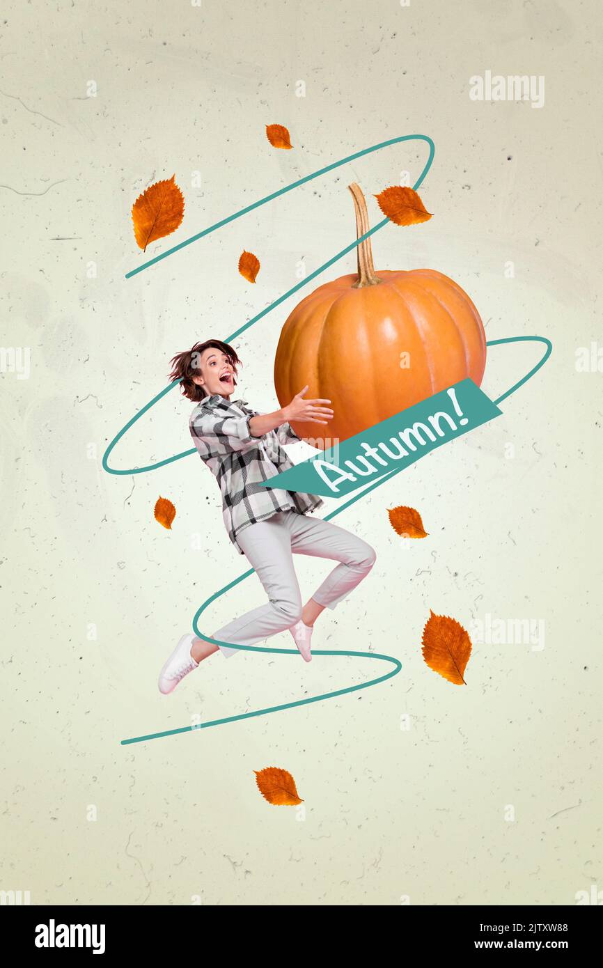 Vertical collage portrait of overjoyed cheerful girl jumping arms hold ...