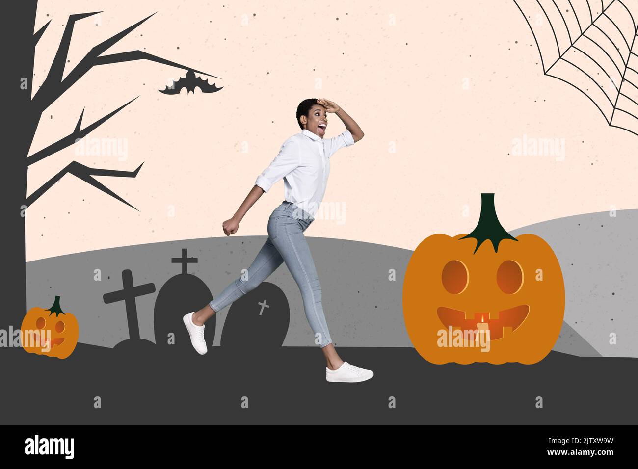 Artwork magazine picture of scary funny lady guy running dark cemetery ...