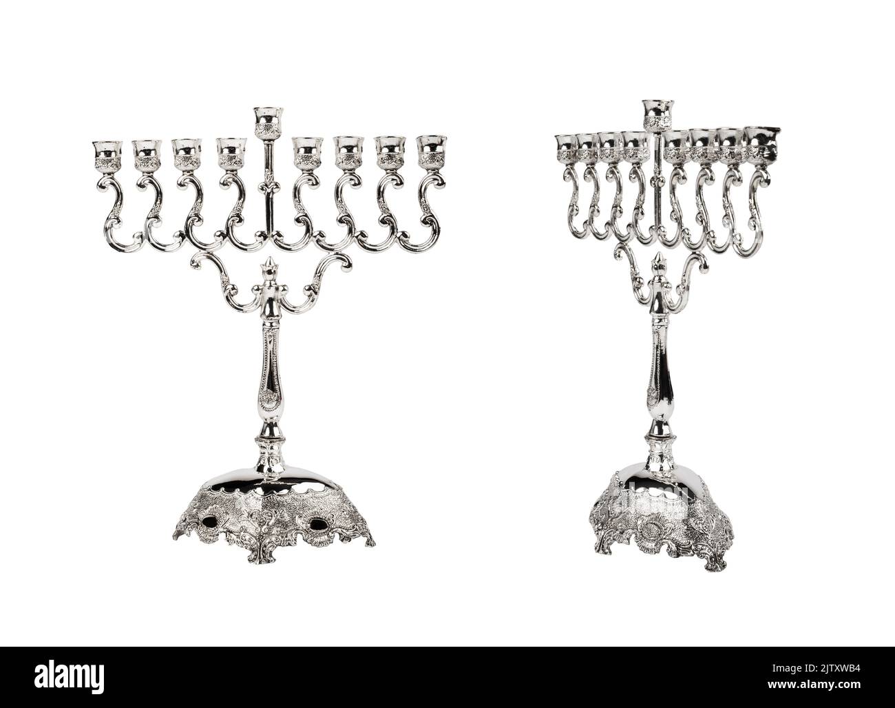 Silver Hanukkah Menorah on a white background Stock Photo - Alamy